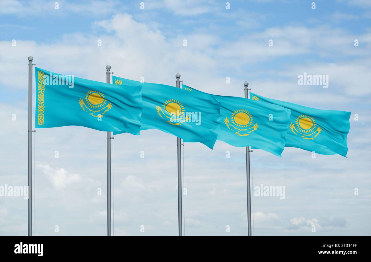 Kazakhstan four flags in row waving together on blue cloudy sky ...