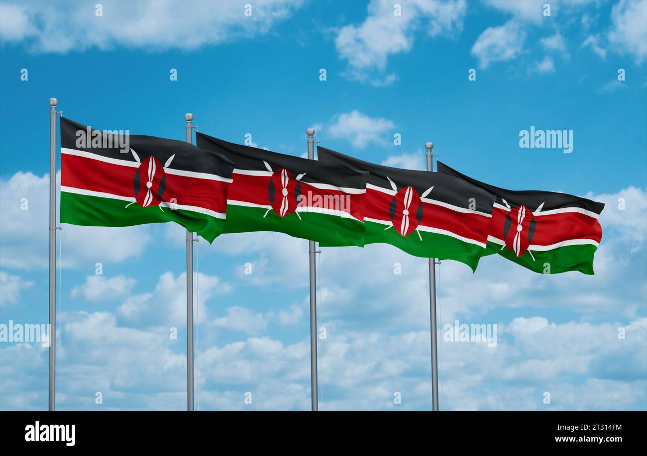 Kenya four flags in row waving together on blue cloudy sky, multiple ...