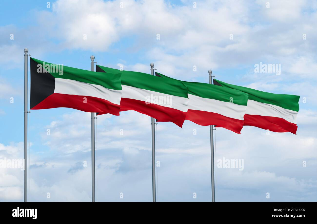 Kuwait four flags in row waving together on blue cloudy sky, multiple ...