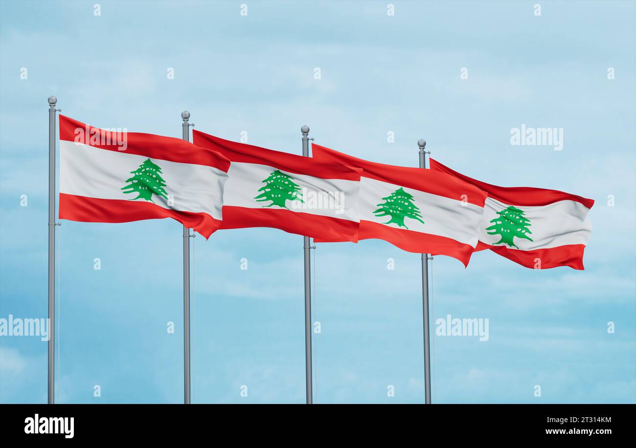 Lebanon four flags in row waving together on blue cloudy sky, multiple ...