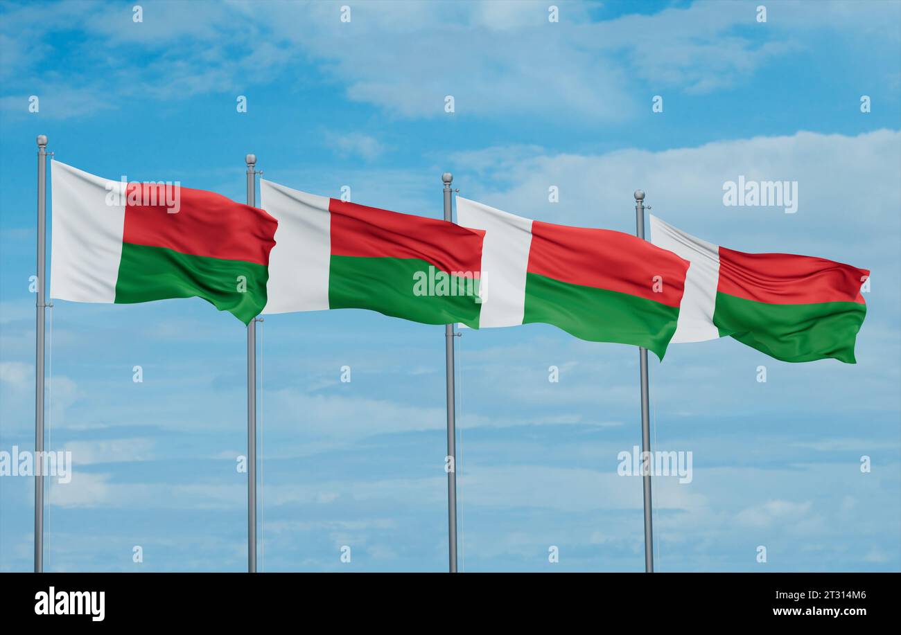 Madagascar four flags in row waving together on blue cloudy sky ...