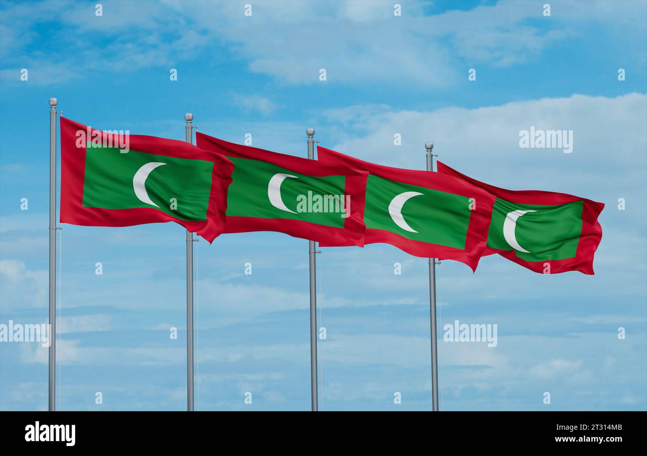 Maldives four flags in row waving together on blue cloudy sky, multiple ...