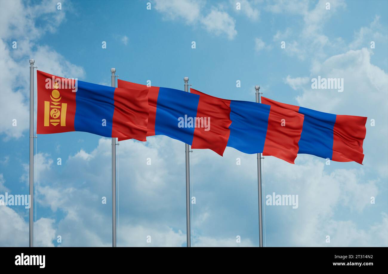 Mongolia four flags in row waving together on blue cloudy sky, multiple ...
