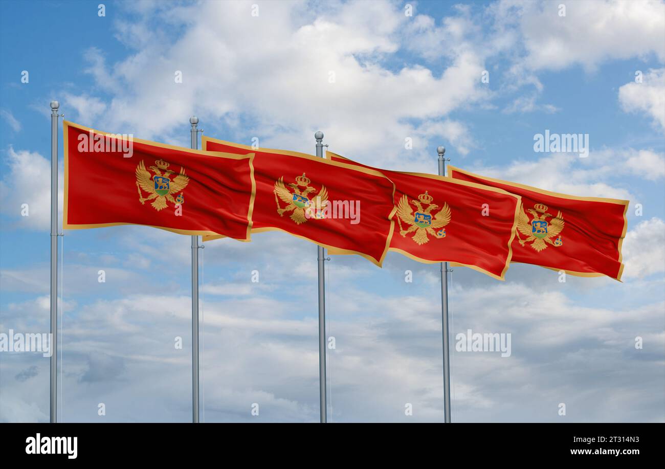 Montenegro four flags in row waving together on blue cloudy sky ...
