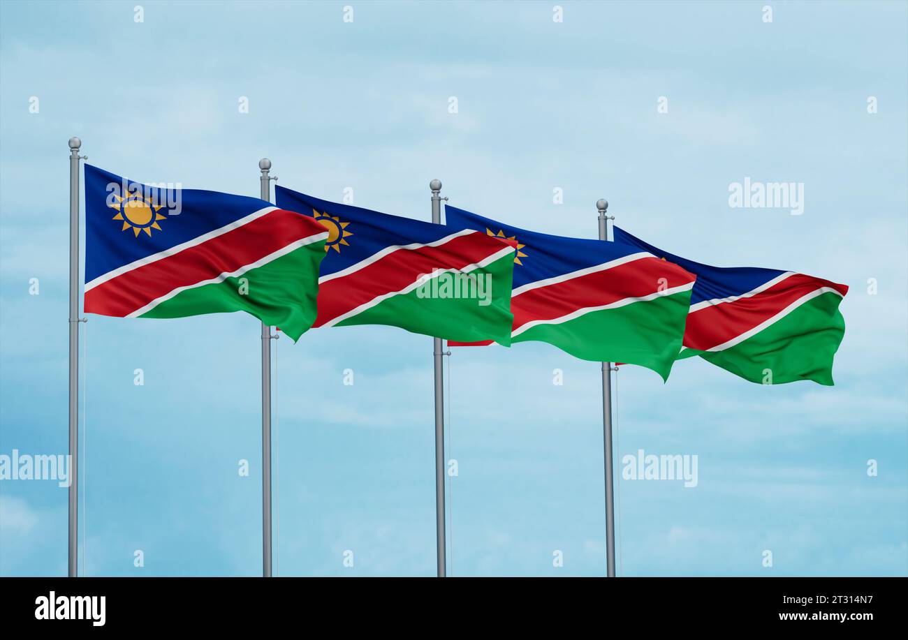 Namibia four flags in row waving together on blue cloudy sky, multiple ...