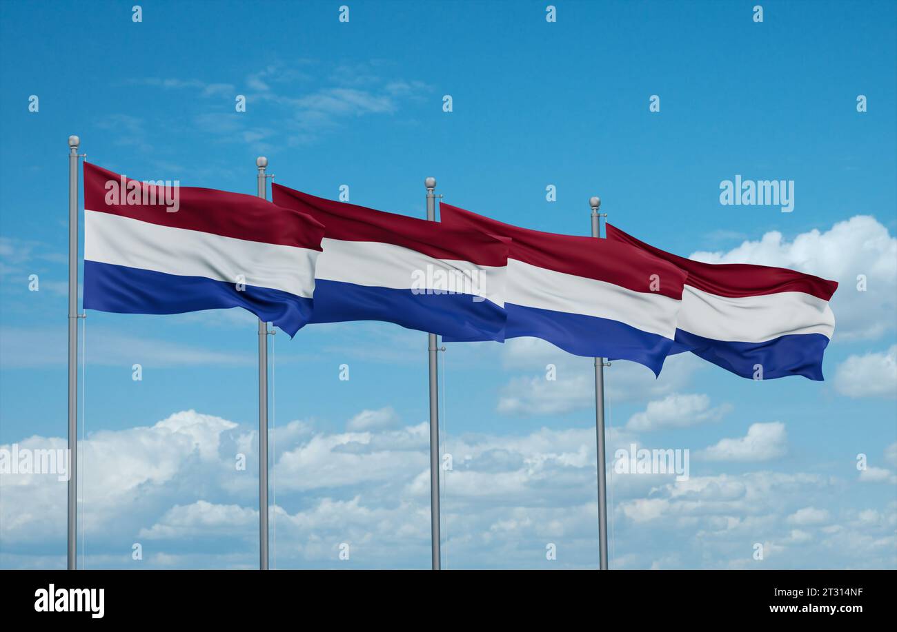 Netherlands four flags in row waving together on blue cloudy sky ...
