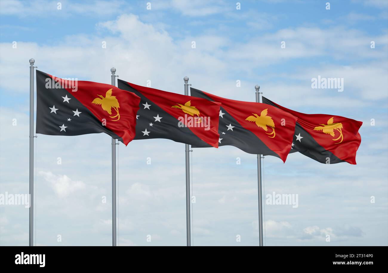 Papua New Guinea four flags in row waving together on blue cloudy sky ...