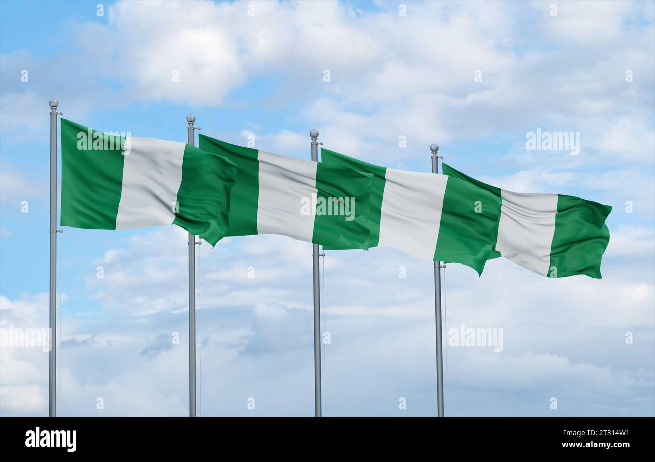 Nigeria four flags in row waving together on blue cloudy sky, multiple ...