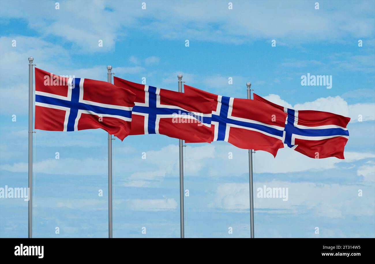 Norway four flags in row waving together on blue cloudy sky, multiple ...