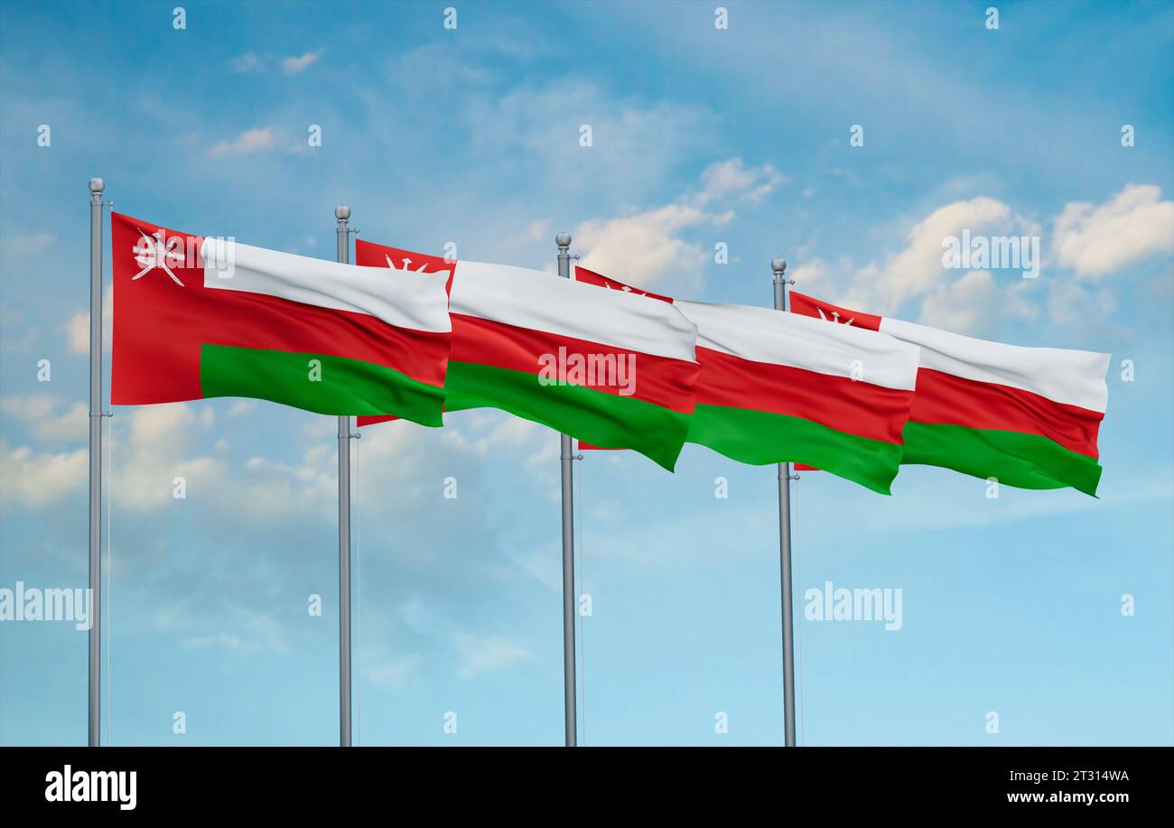 Oman four flags in row waving together on blue cloudy sky, multiple ...