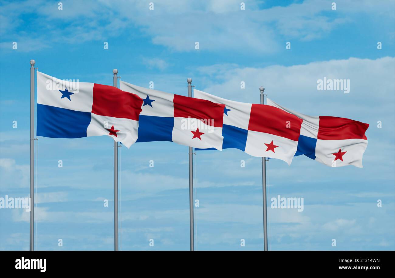 Panama four flags in row waving together on blue cloudy sky, multiple ...