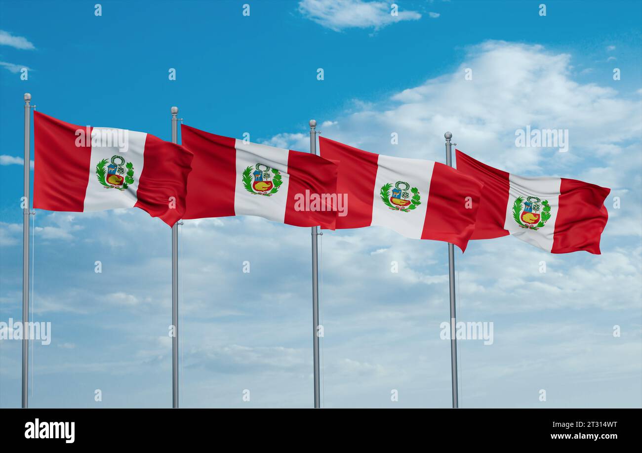 Peru four flags in row waving together on blue cloudy sky, multiple ...