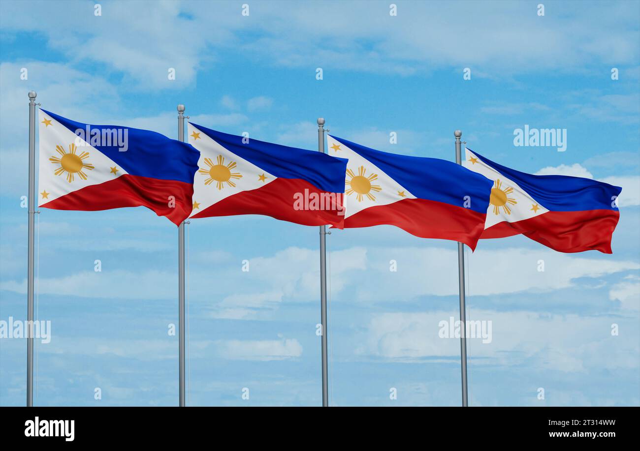 Philippines four flags in row waving together on blue cloudy sky ...