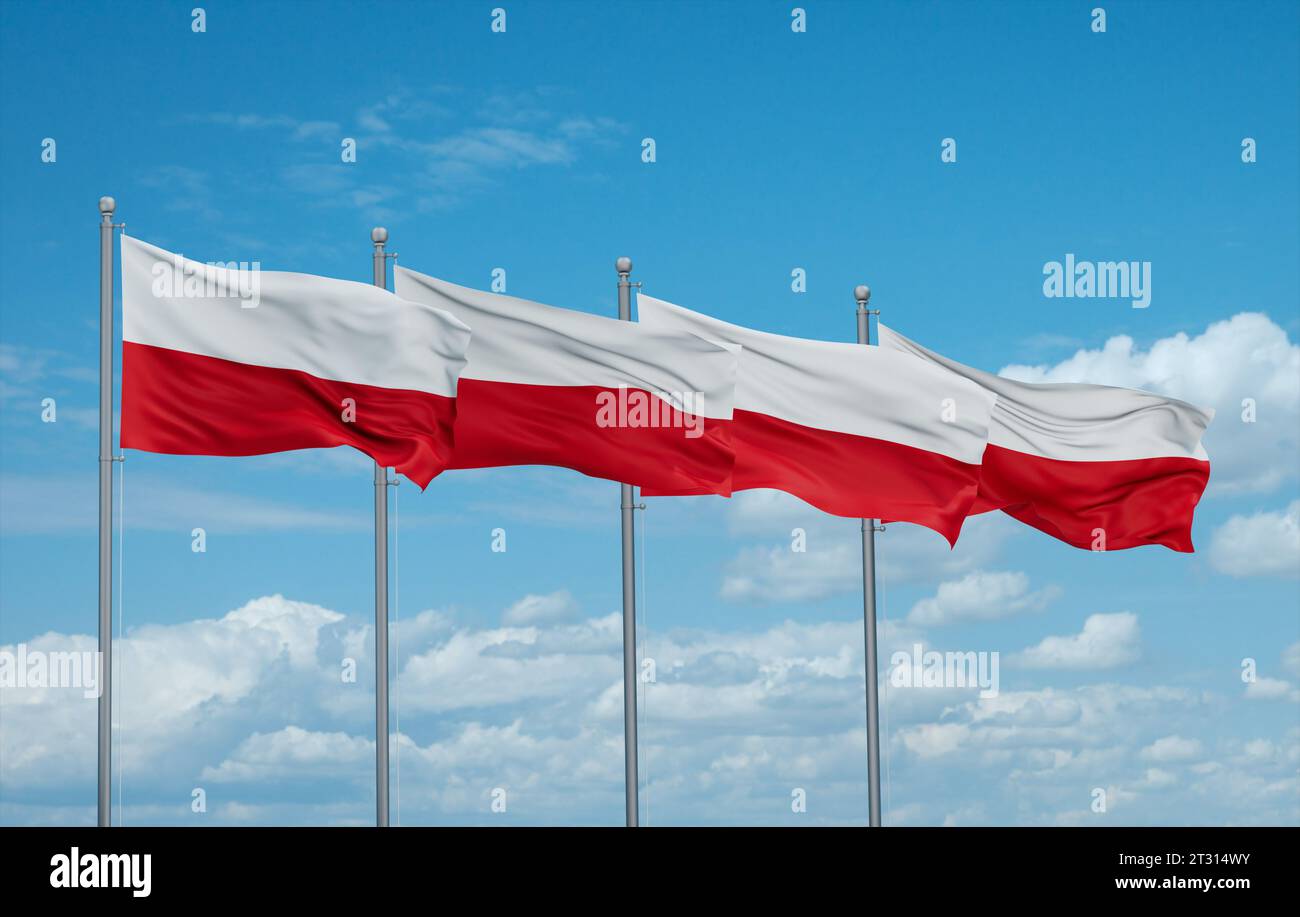 Poland four flags in row waving together on blue cloudy sky, multiple ...