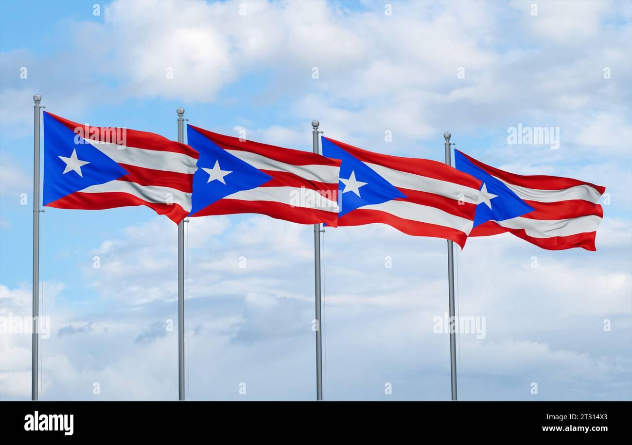 Puerto Rico four flags in row waving together on blue cloudy sky ...