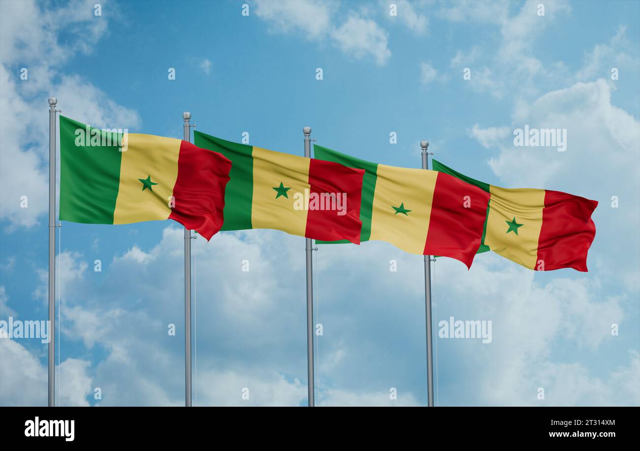 Republic of Senegal four flags in row waving together on blue cloudy ...