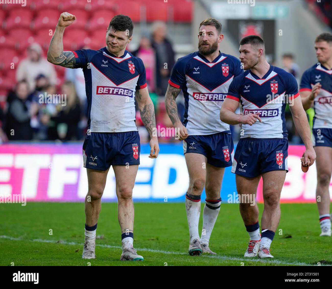 John Bateman #11 of England, Daryl Clark #9 of England and Danny Walker ...
