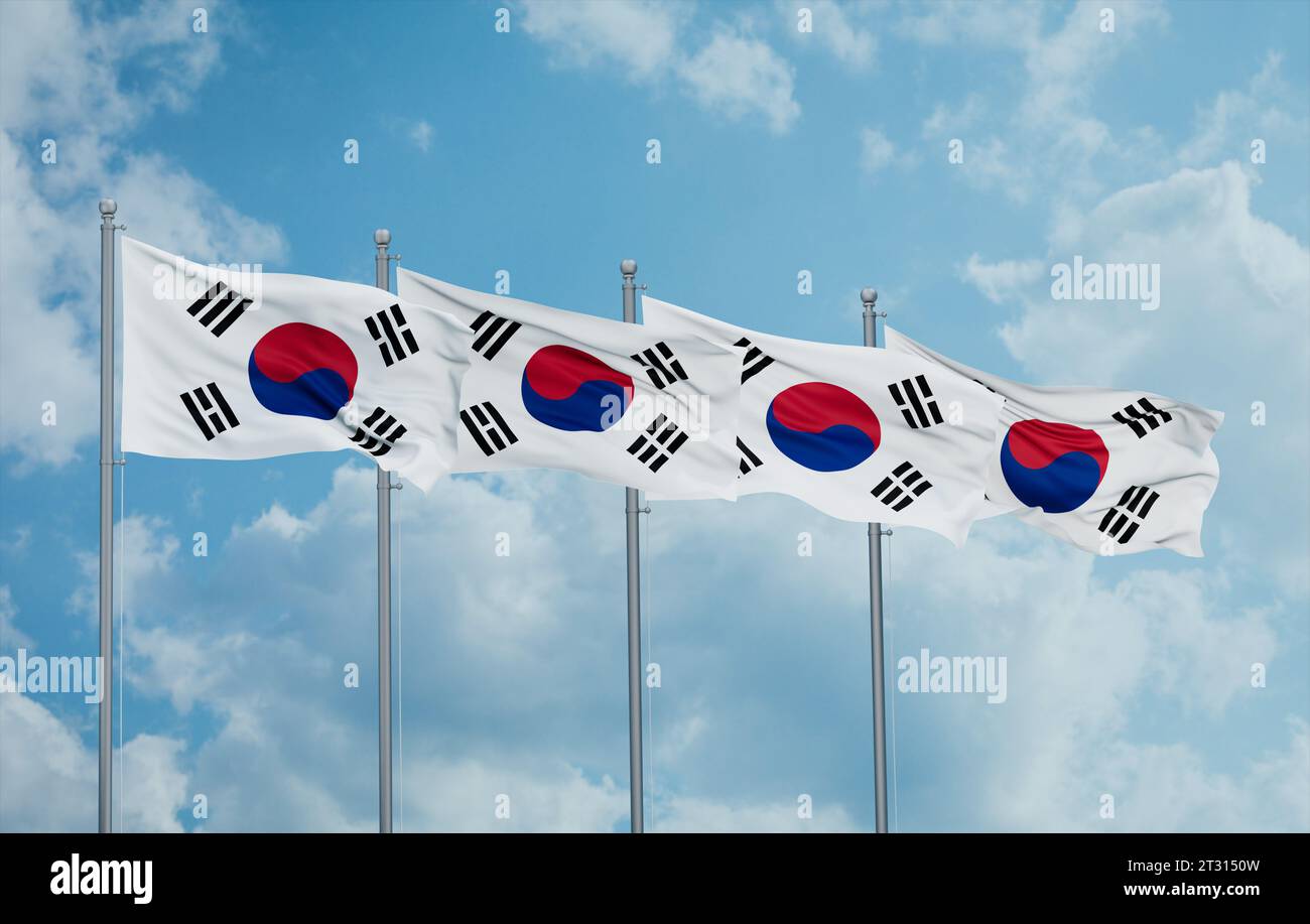 South Korea four flags in row waving together on blue cloudy sky Stock ...