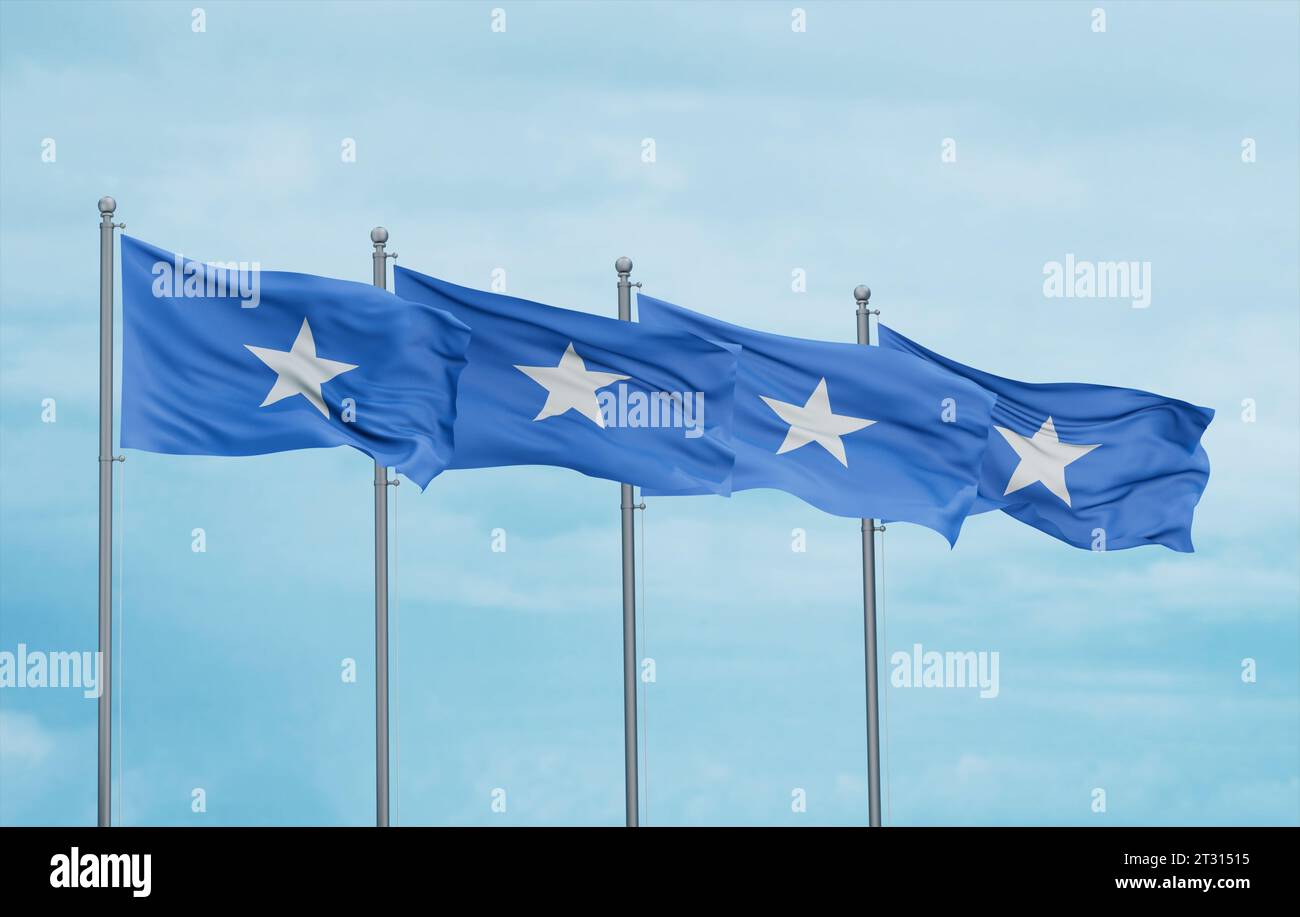 Somalia four flags in row waving together on blue cloudy sky, multiple ...