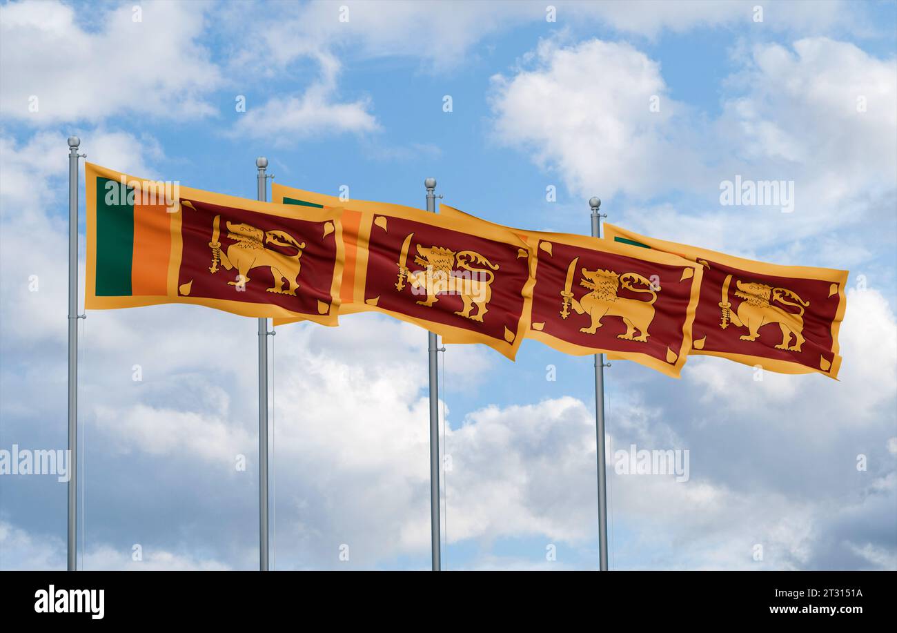 Sri Lanka four flags in row waving together on blue cloudy sky ...