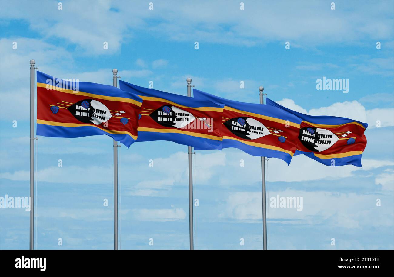 Eswatini formerly Swaziland four flags in row waving together on blue ...