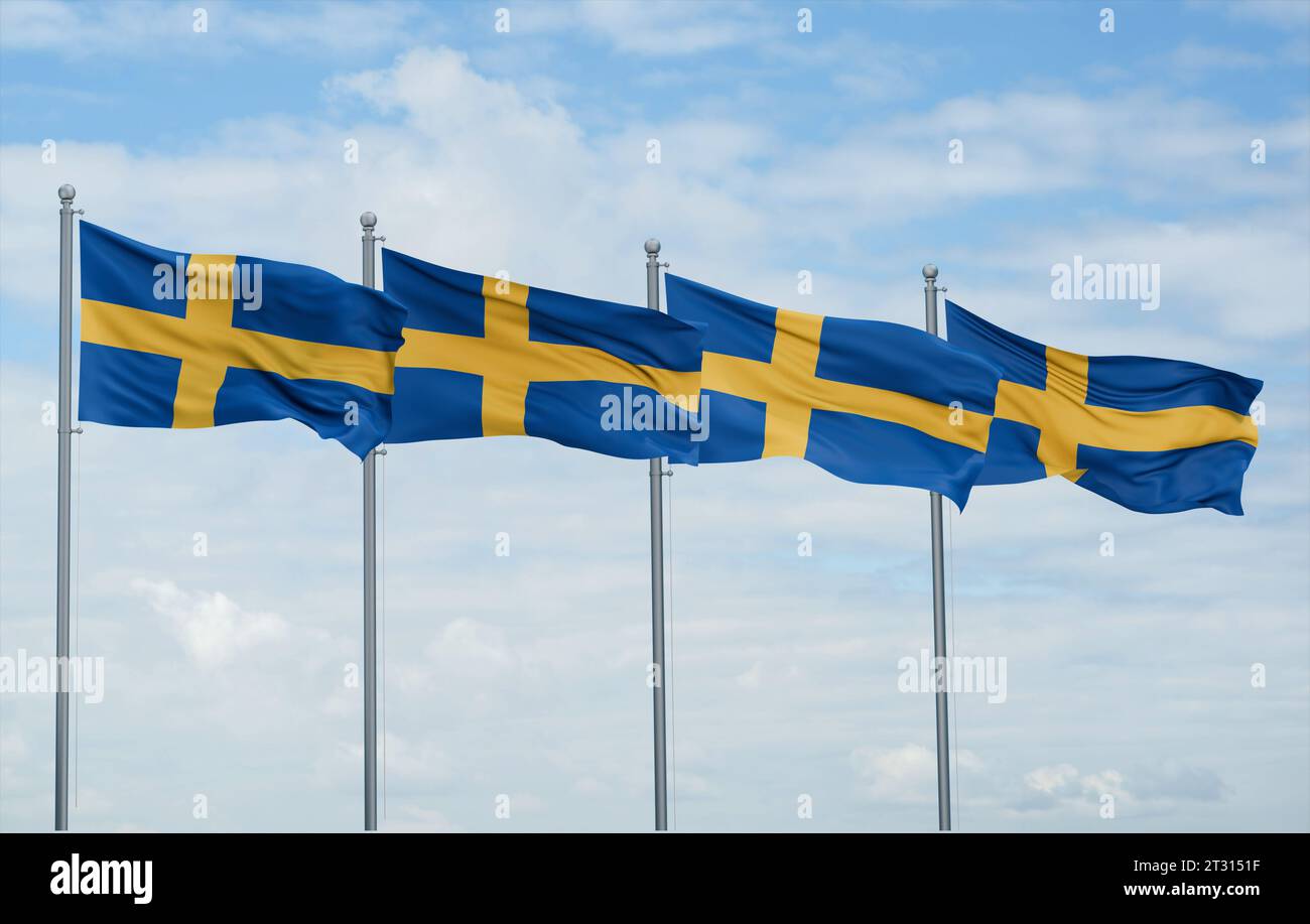 Sweden four flags in row waving together on blue cloudy sky, multiple ...