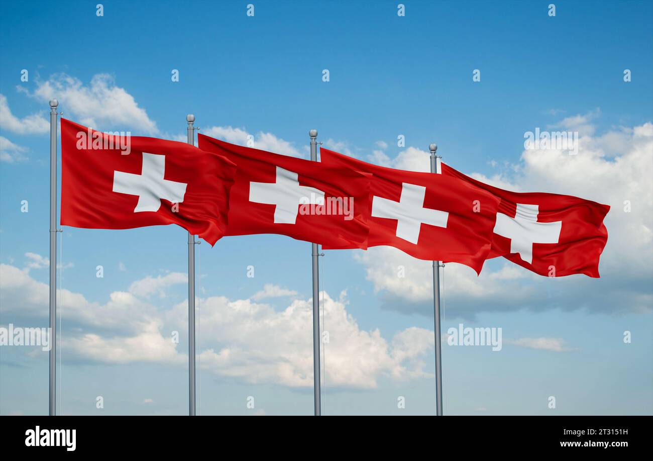 Switzerland four flags in row waving together on blue cloudy sky ...