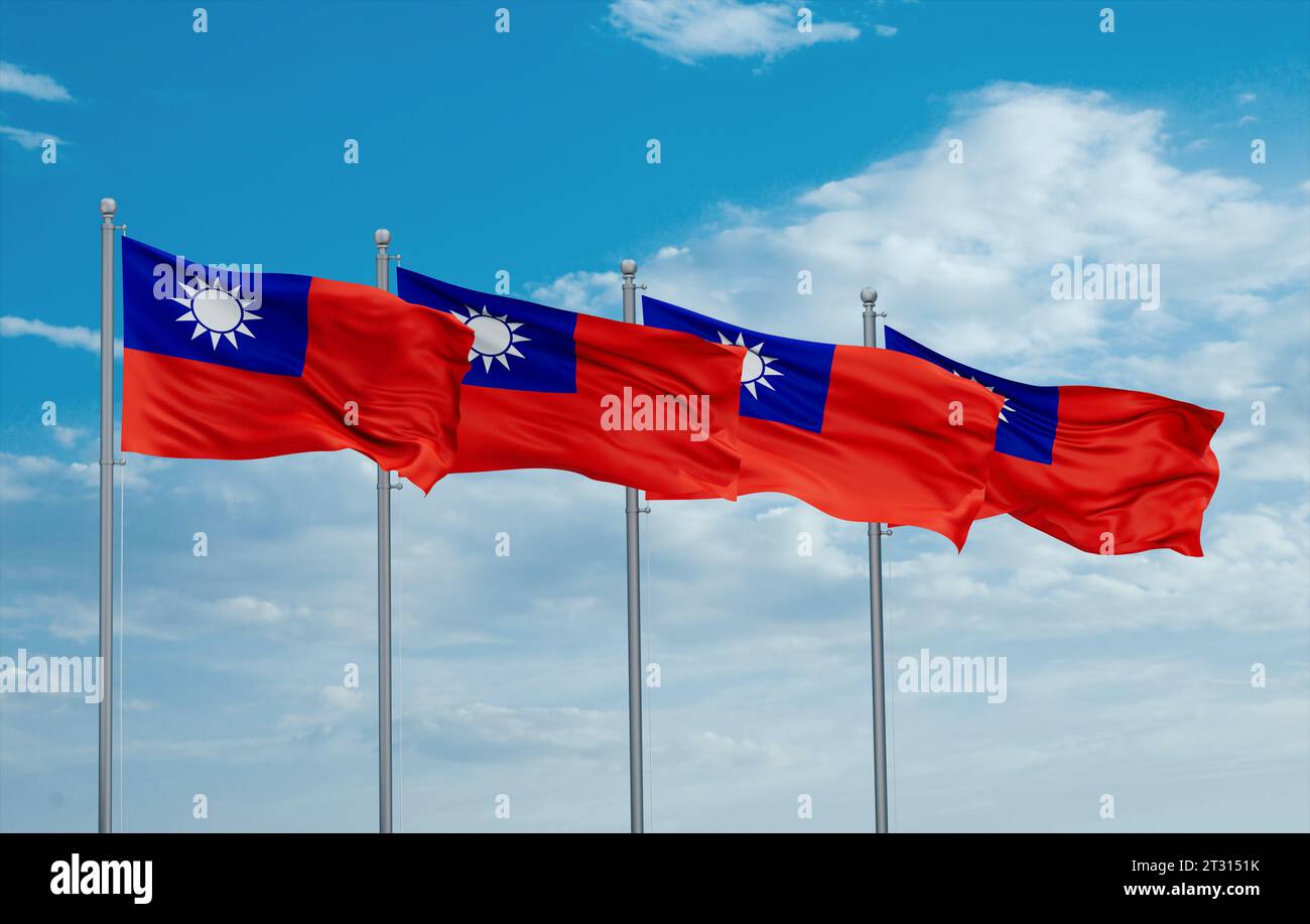Taiwan four flags in row waving together on blue cloudy sky, multiple ...