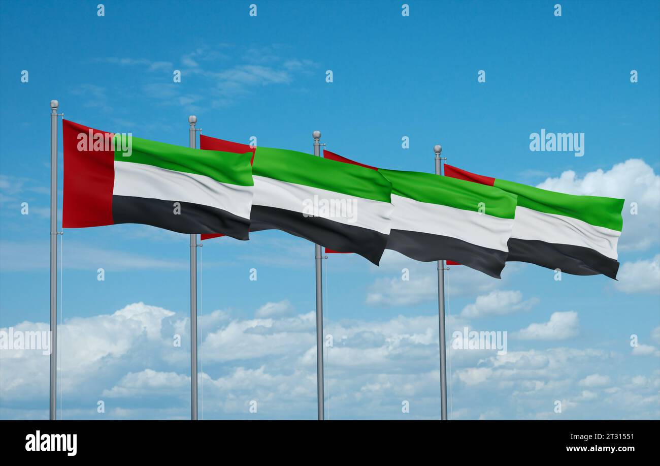 United Arab Emirates four flags in row waving together on blue cloudy ...