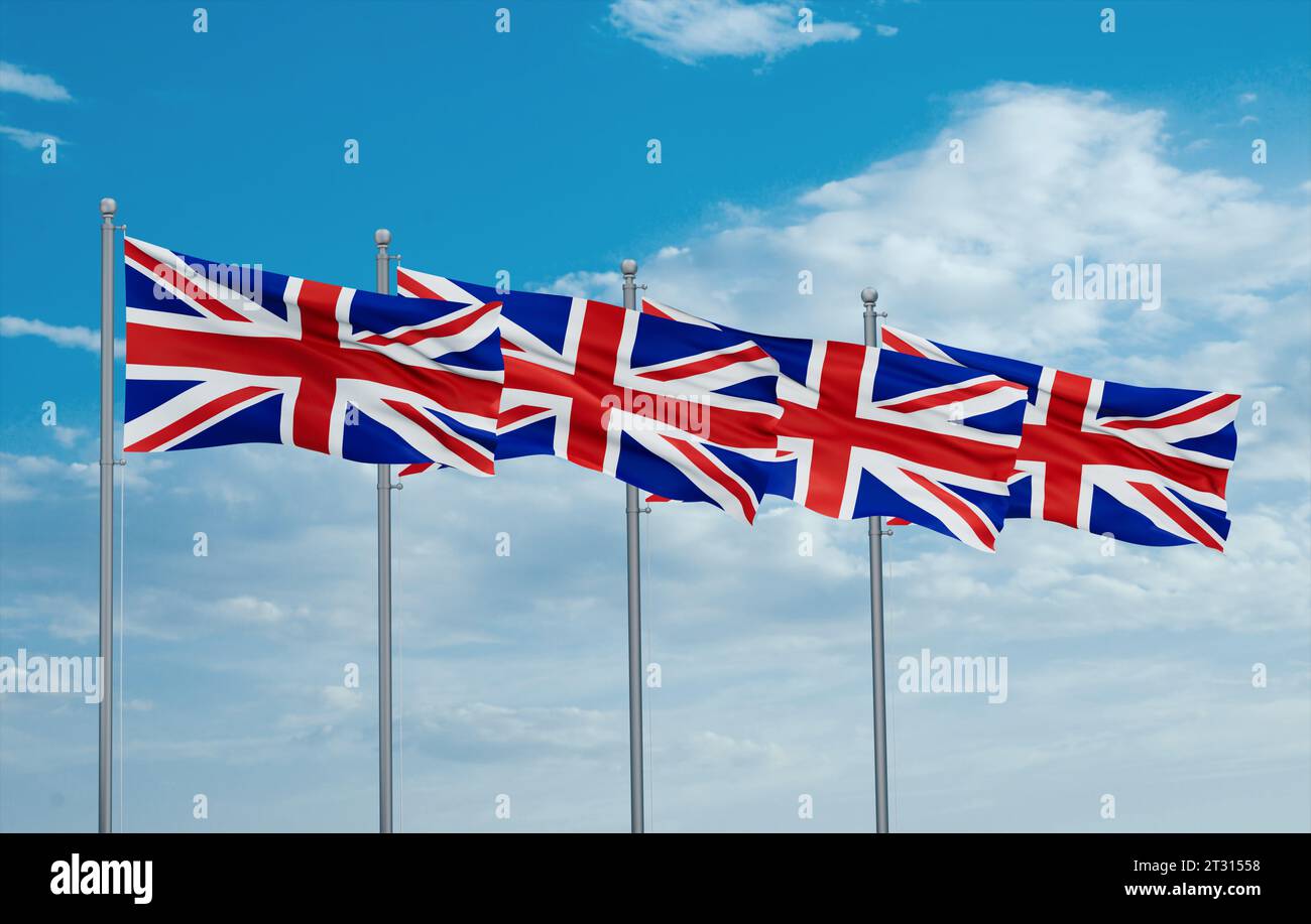 United Kingdom four flags in row waving together on blue cloudy sky ...