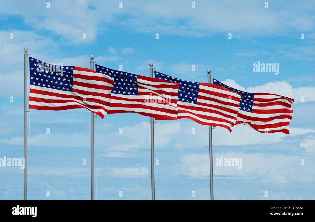 USA four flags in row waving together on blue cloudy sky, multiple ...