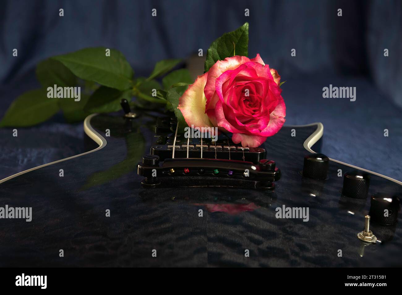 Black electric guitar with red rose Stock Photo - Alamy