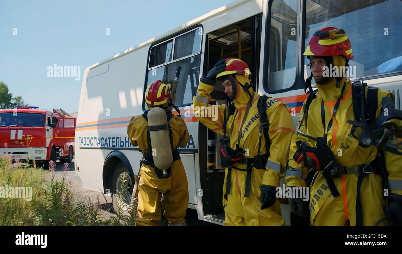 Serbia - Belgrade, May 20, 2023: Rescue team in yellow protective suits ...