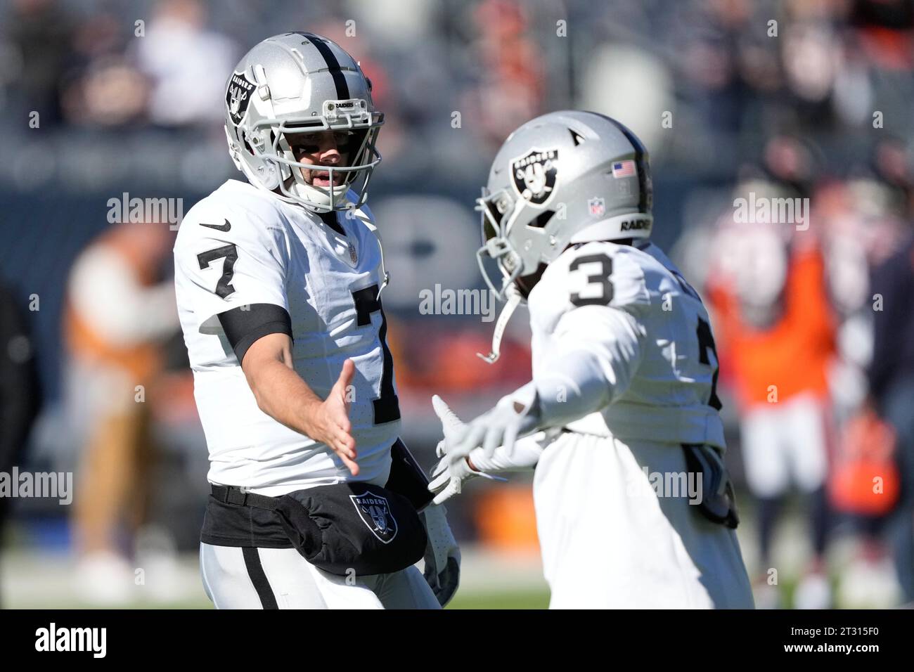 Las Vegas Raiders quarterback Brian Hoyer (7) greets wide receiver ...