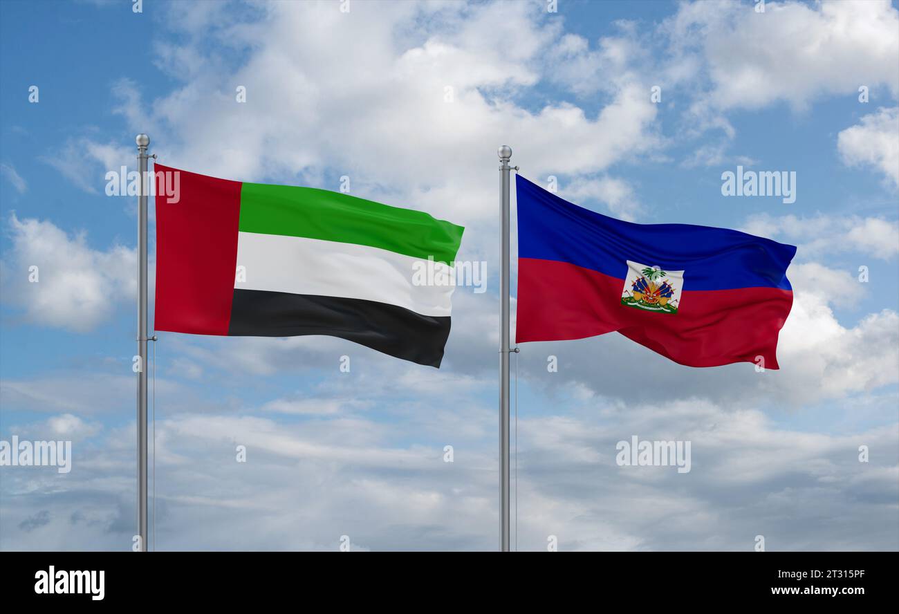 Haiti and Brazil flags waving together on blue cloudy sky, two country relationship concept ...