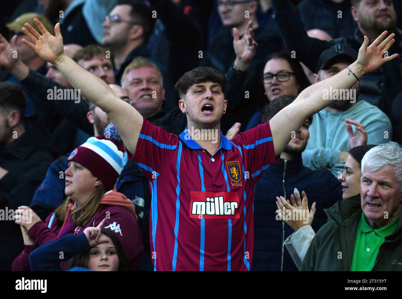 An Aston Villa fan in a retro shirt in the stands during the Premier ...
