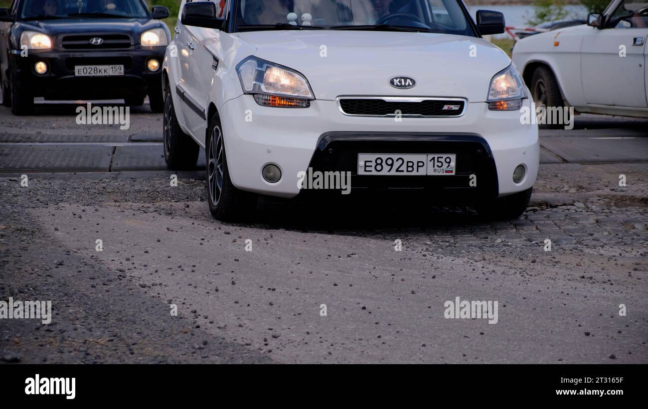Serbia - Belgrade, May 29, 2023: bumpy narrow road of a small city and ...