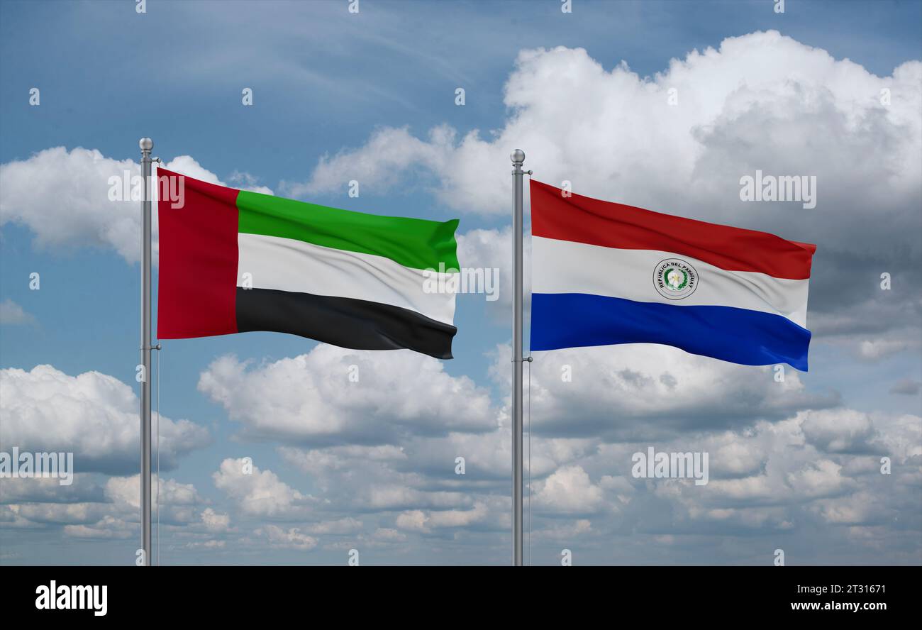Paraguay and Brazil flags waving together on blue cloudy sky, two country relationship concept ...