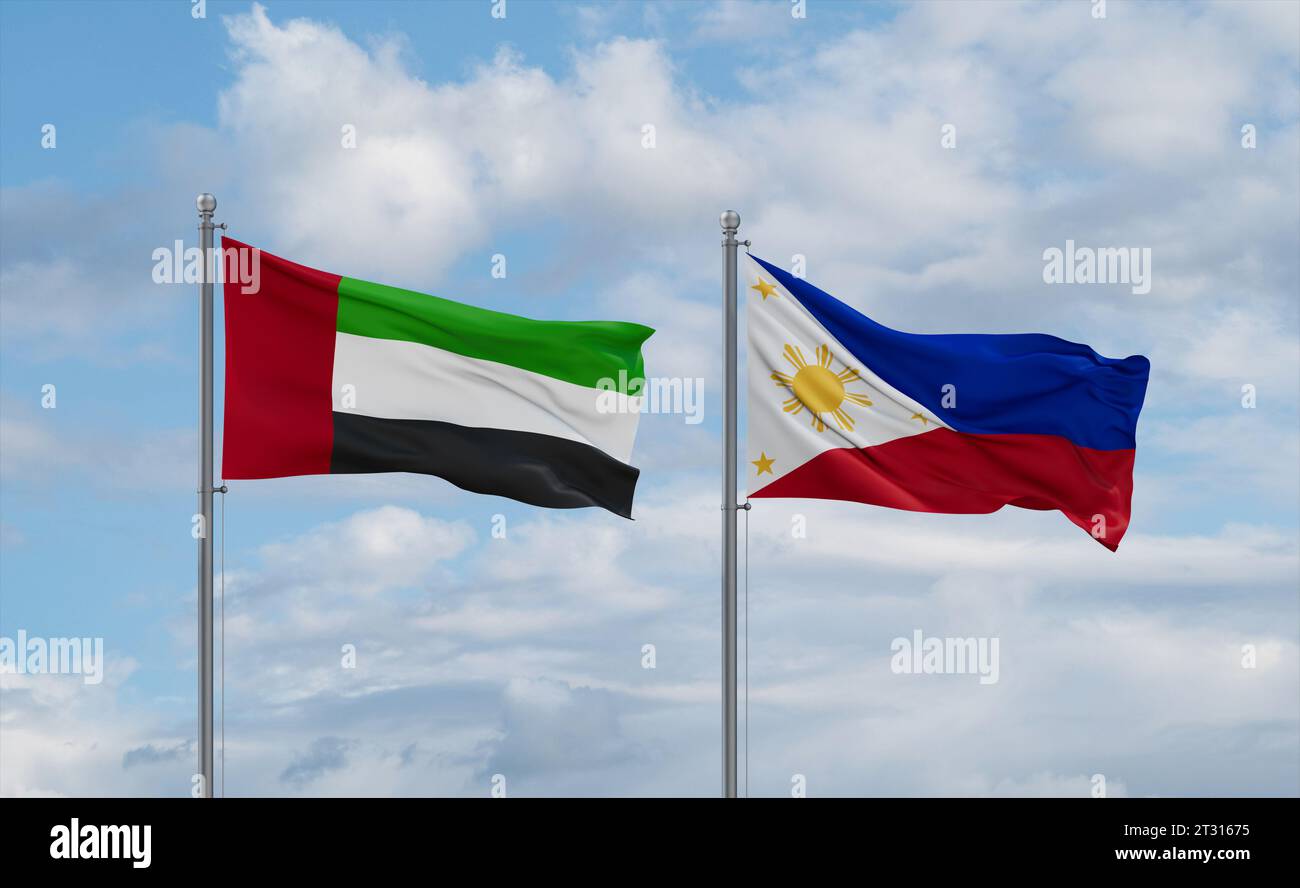 Philippines and Brazil flags waving together in the wind on blue cloudy ...