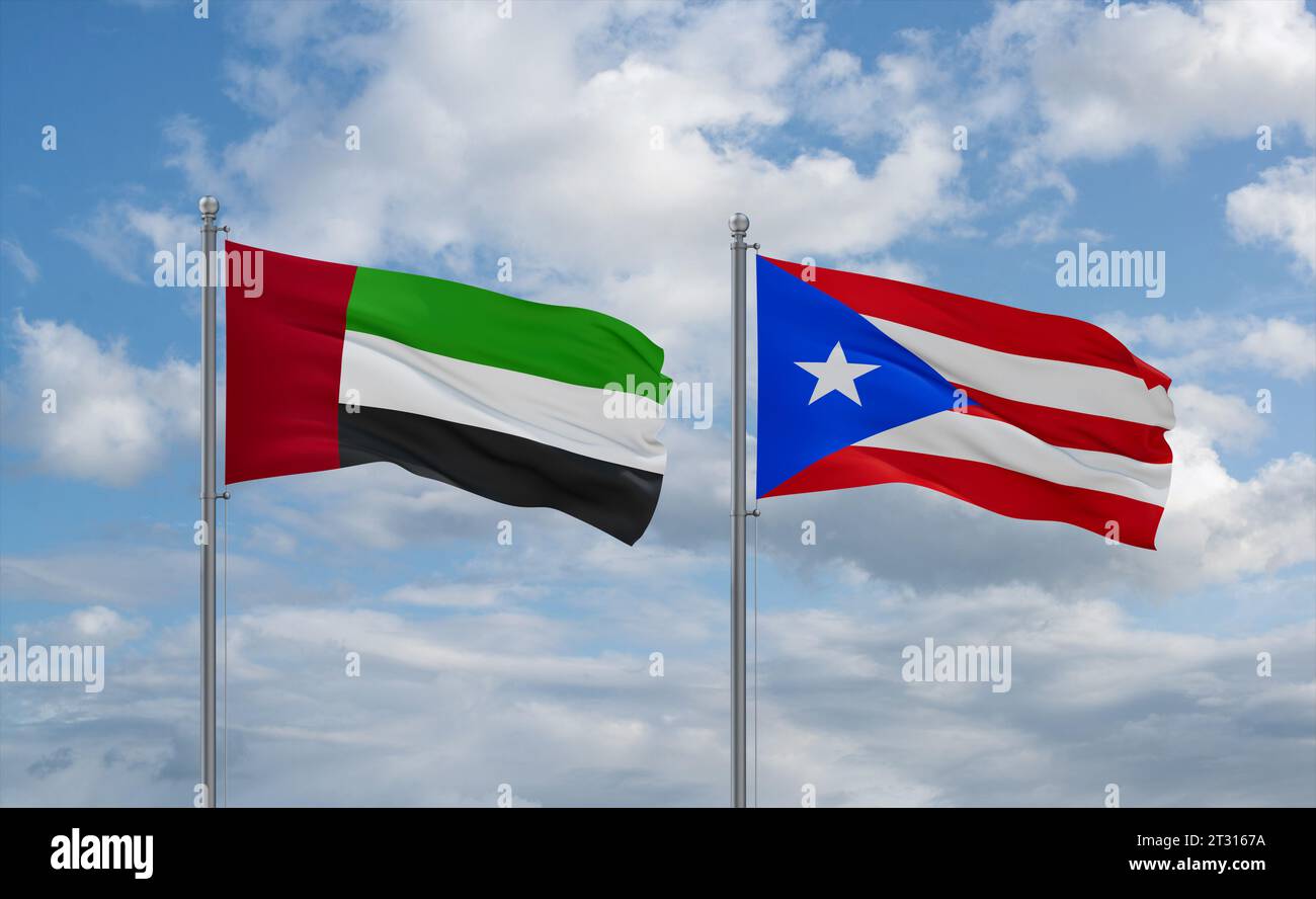 Puerto Rico and Brazil flags waving together in the wind on blue cloudy ...