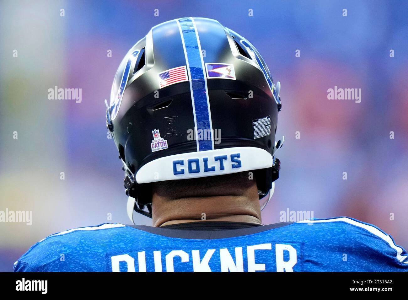 Flag decals are seen on the back of Indianapolis Colts defensive tackle ...