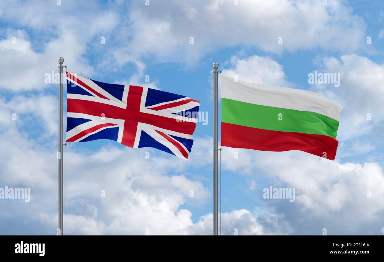 Bulgaria and Brazil flags waving together on blue cloudy sky, two country relationship concept ...