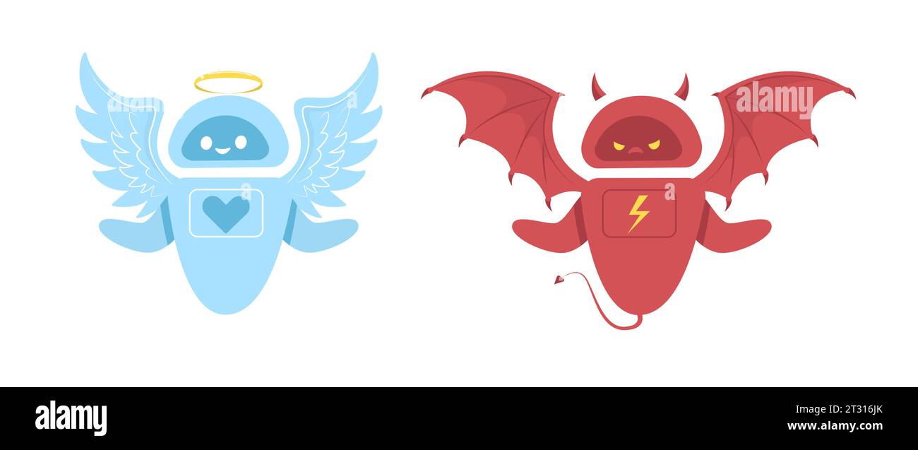 Angel robot with halo and devil cyborg with horns. Artificial ...