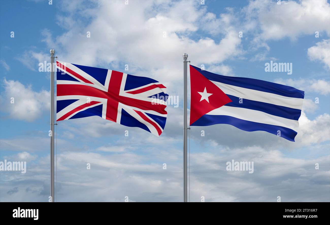 Cuba and Brazil flags waving together in the wind on blue cloudy sky ...
