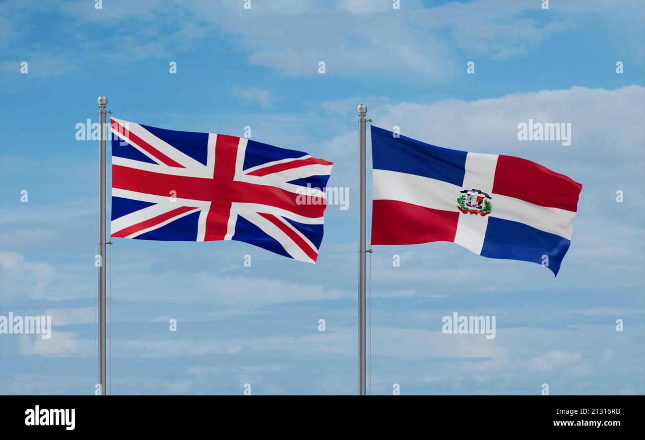 Dominican Republic and Brazil flags waving together on blue cloudy sky, two country relationship ...