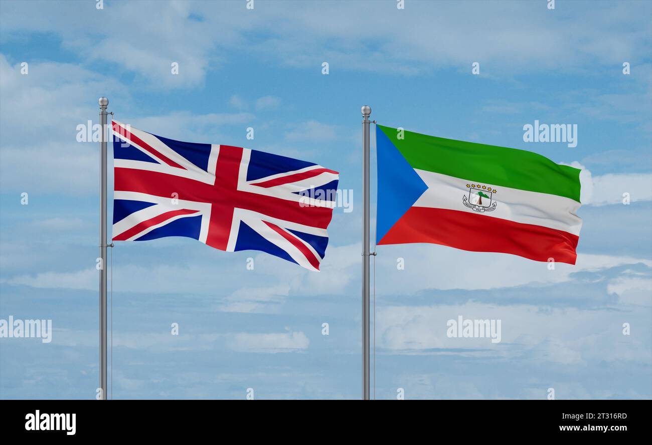 Equatorial Guinea and Brazil flags waving together on blue cloudy sky, two country relationship ...