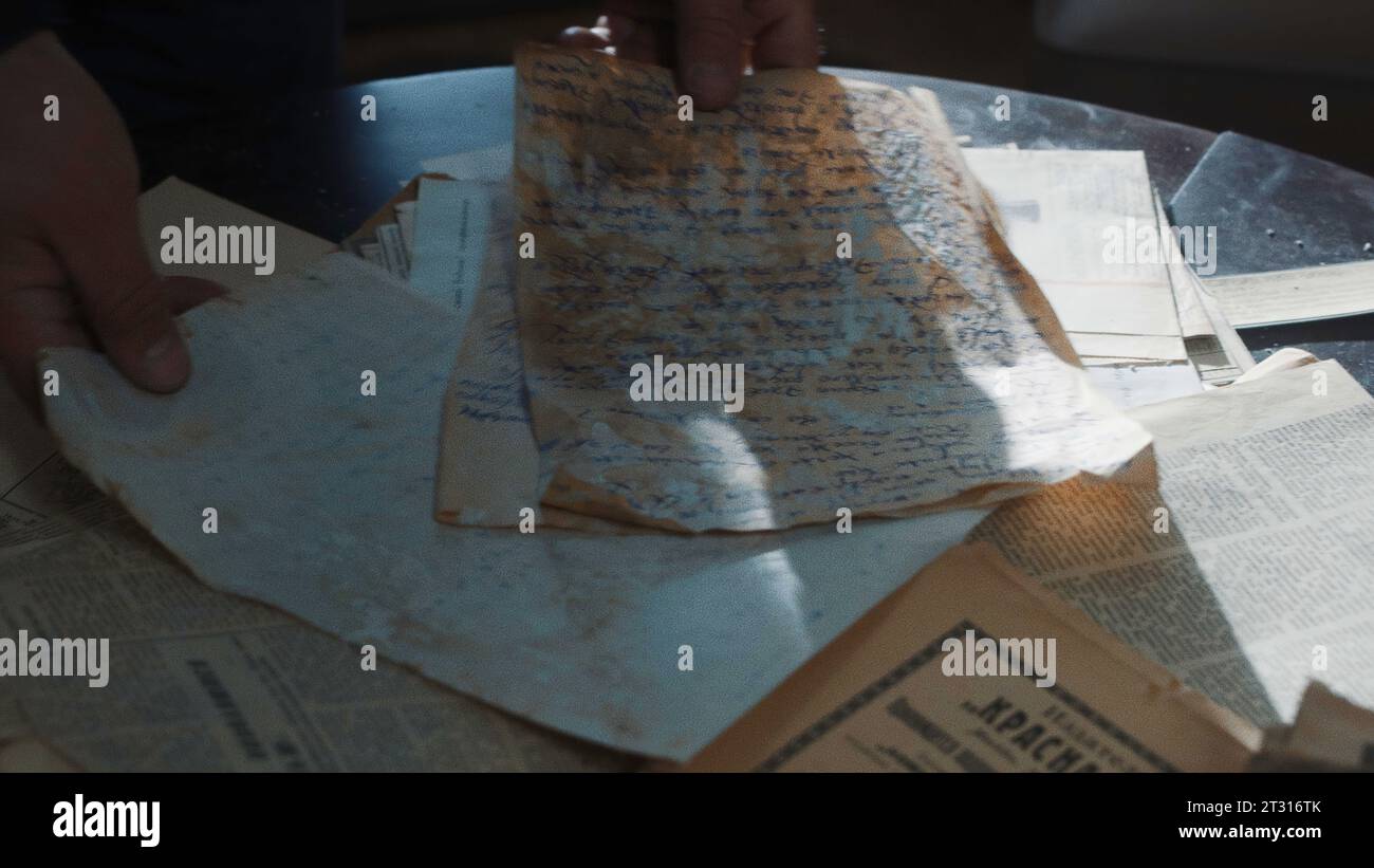 Close up of various old letters and notes on pages. Stock footage ...