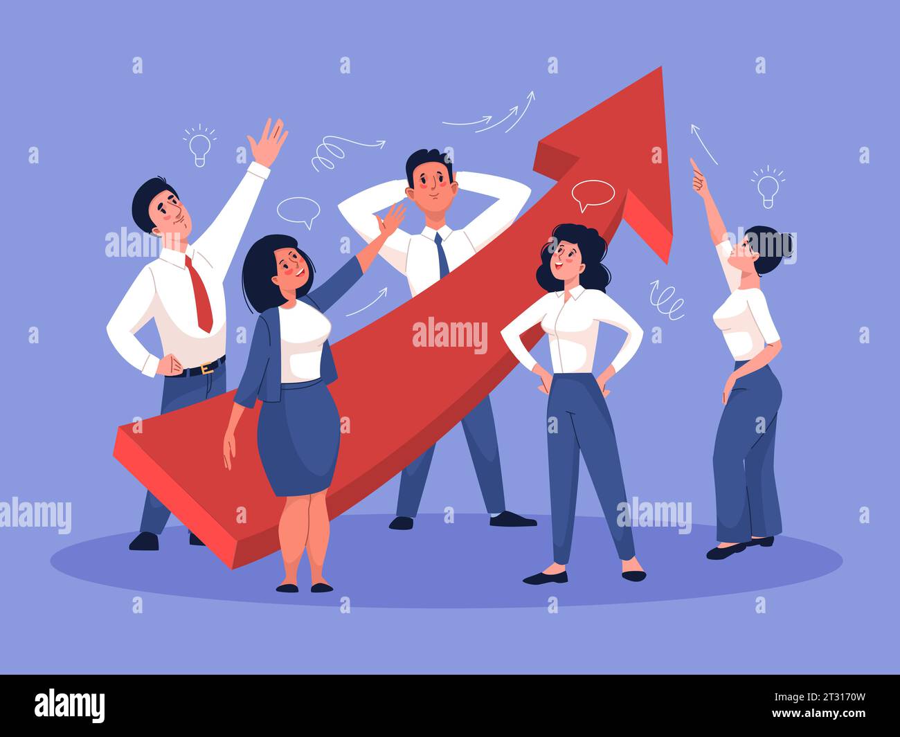 Business people looking up. Happy team looks at growing red schedule ...