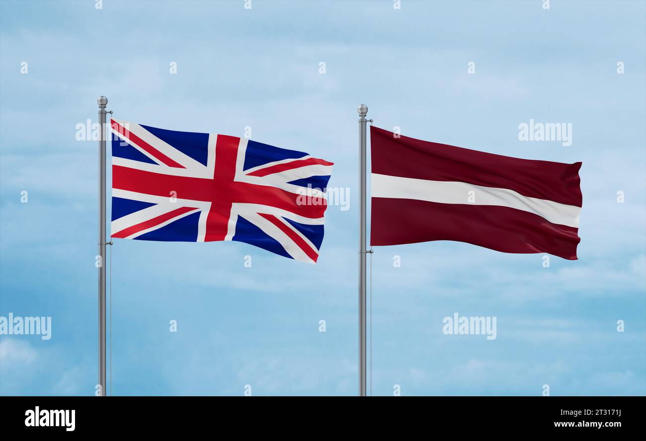 Latvia and Brazil flags waving together in the wind on blue cloudy sky ...