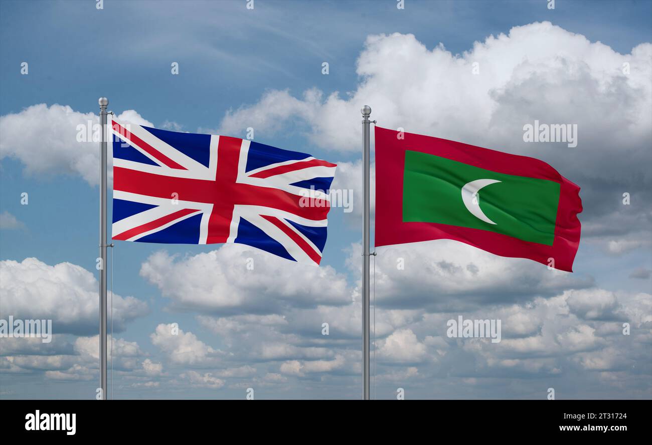 Maldives and Brazil flags waving together on blue cloudy sky, two country relationship concept ...